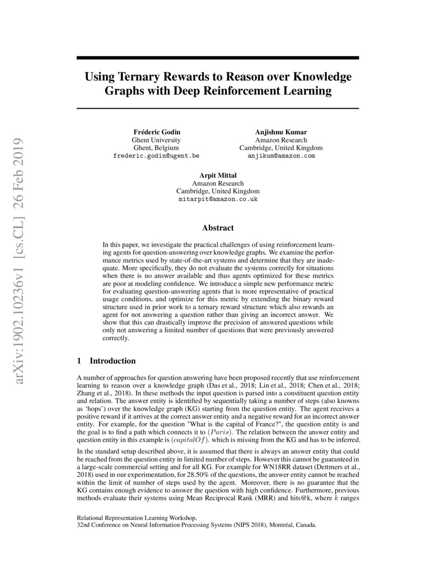Using Ternary Rewards to Reason over Knowledge Graphs with Deep Reinforcement Learning | DeepAI