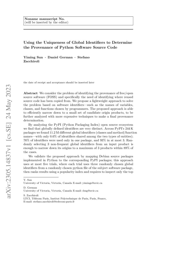 Using The Uniqueness Of Global Identifiers To Determine The Provenance Of Python Software Source
