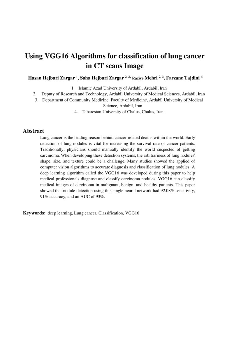 Using VGG16 Algorithms for classification of lung cancer in CT scans Image | DeepAI