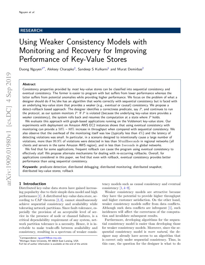 Using Weaker Consistency Models with Monitoring and Recovery for Improving Performance of Key ...