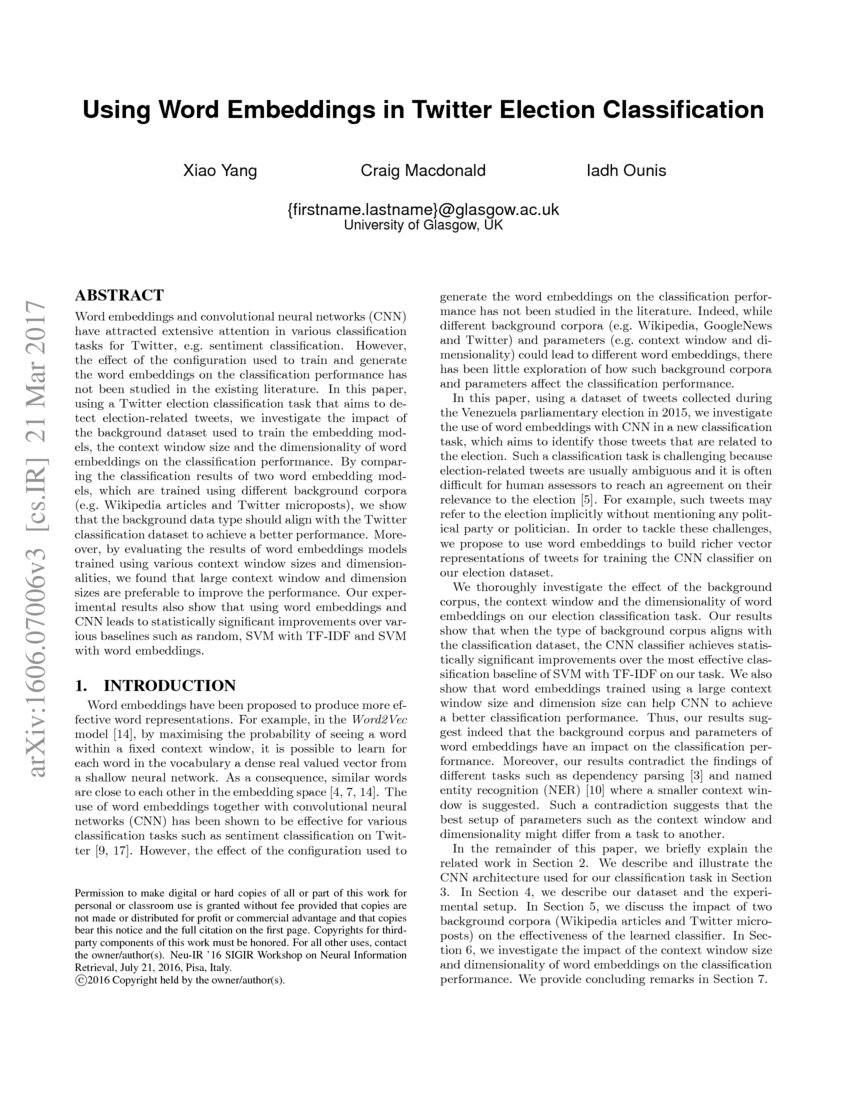 Using Word Embeddings In Twitter Election Classification Deepai