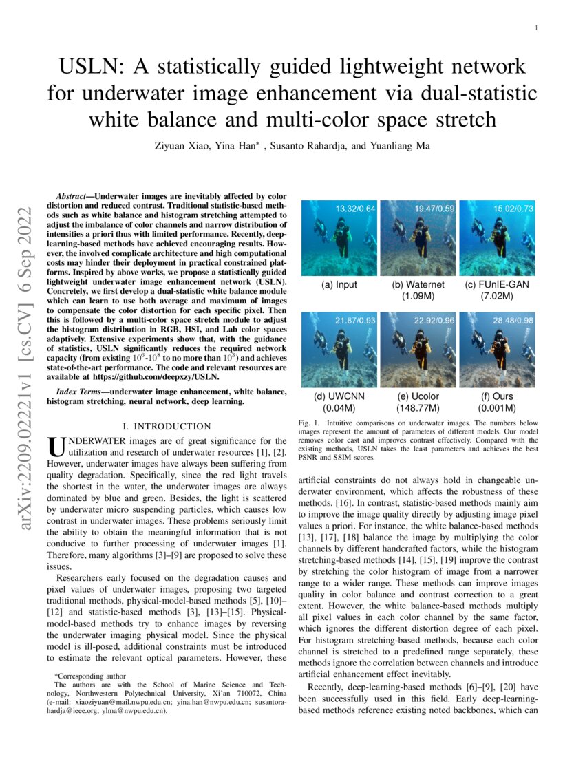 USLN: A statistically guided lightweight network for underwater image enhancement via dual ...