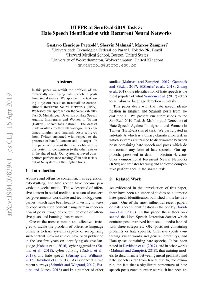 Utfpr At Semeval 2019 Task 5 Hate Speech Identification With Recurrent Neural Networks Deepai