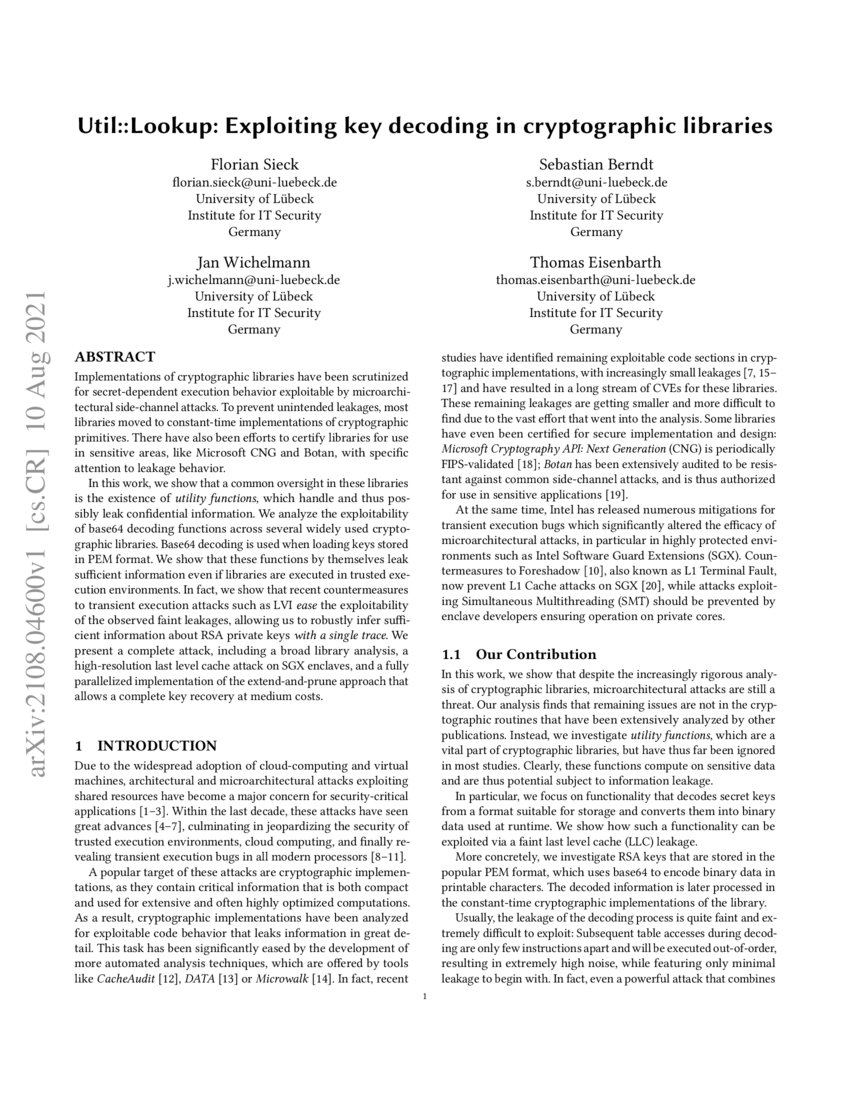 Util::Lookup: Exploiting key decoding in cryptographic libraries | DeepAI