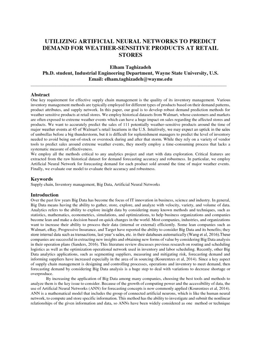 Utilizing Artificial Neural Networks To Predict Demand For Weather