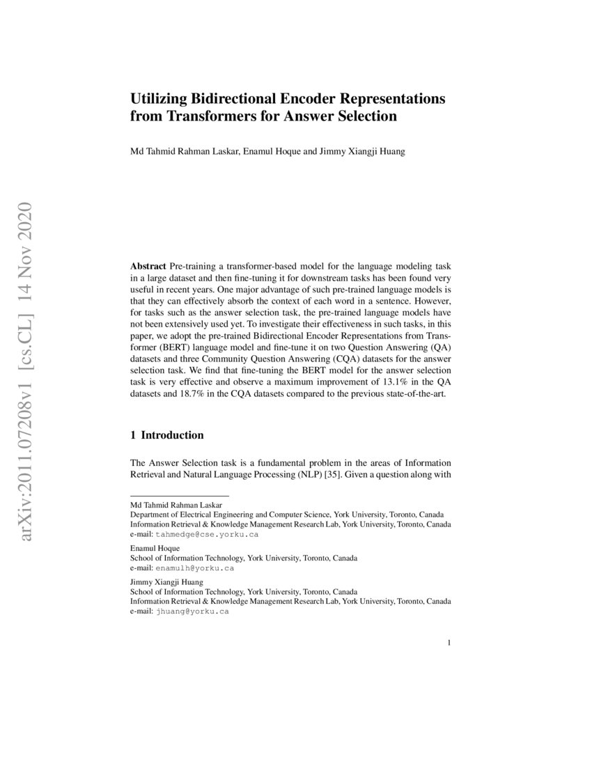 Utilizing Bidirectional Encoder Representations From Transformers For Answer Selection Deepai