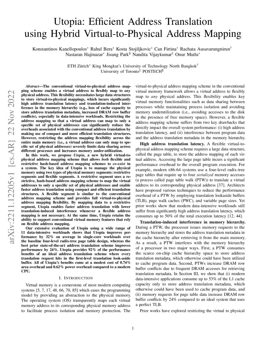 Utopia: Efficient Address Translation using Hybrid Virtual-to-Physical Address Mapping | DeepAI