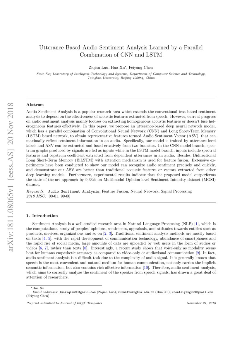 Utterance Based Audio Sentiment Analysis Learned By A Parallel