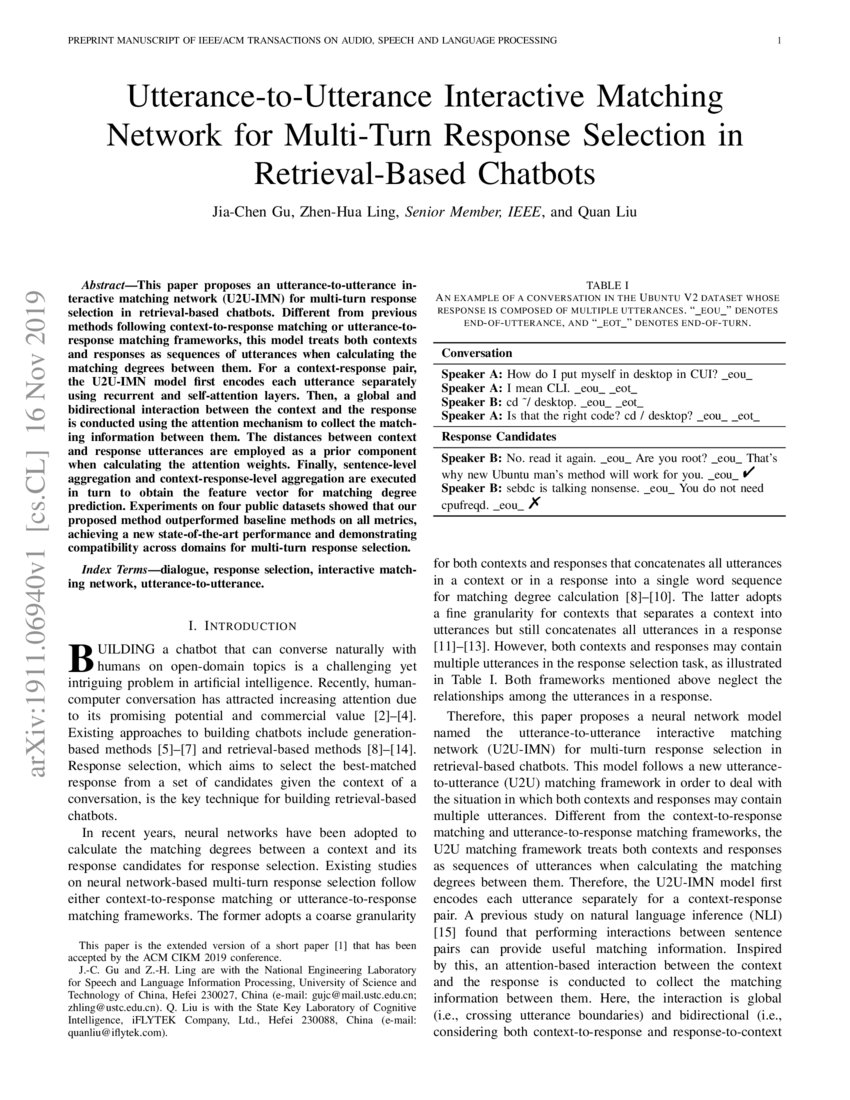 Utterance-to-Utterance Interactive Matching Network for Multi-Turn Response Selection in ...