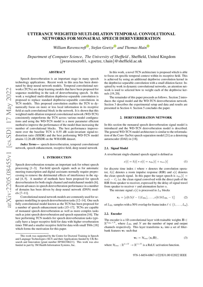 Utterance Weighted Multi Dilation Temporal Convolutional Networks For Monaural Speech