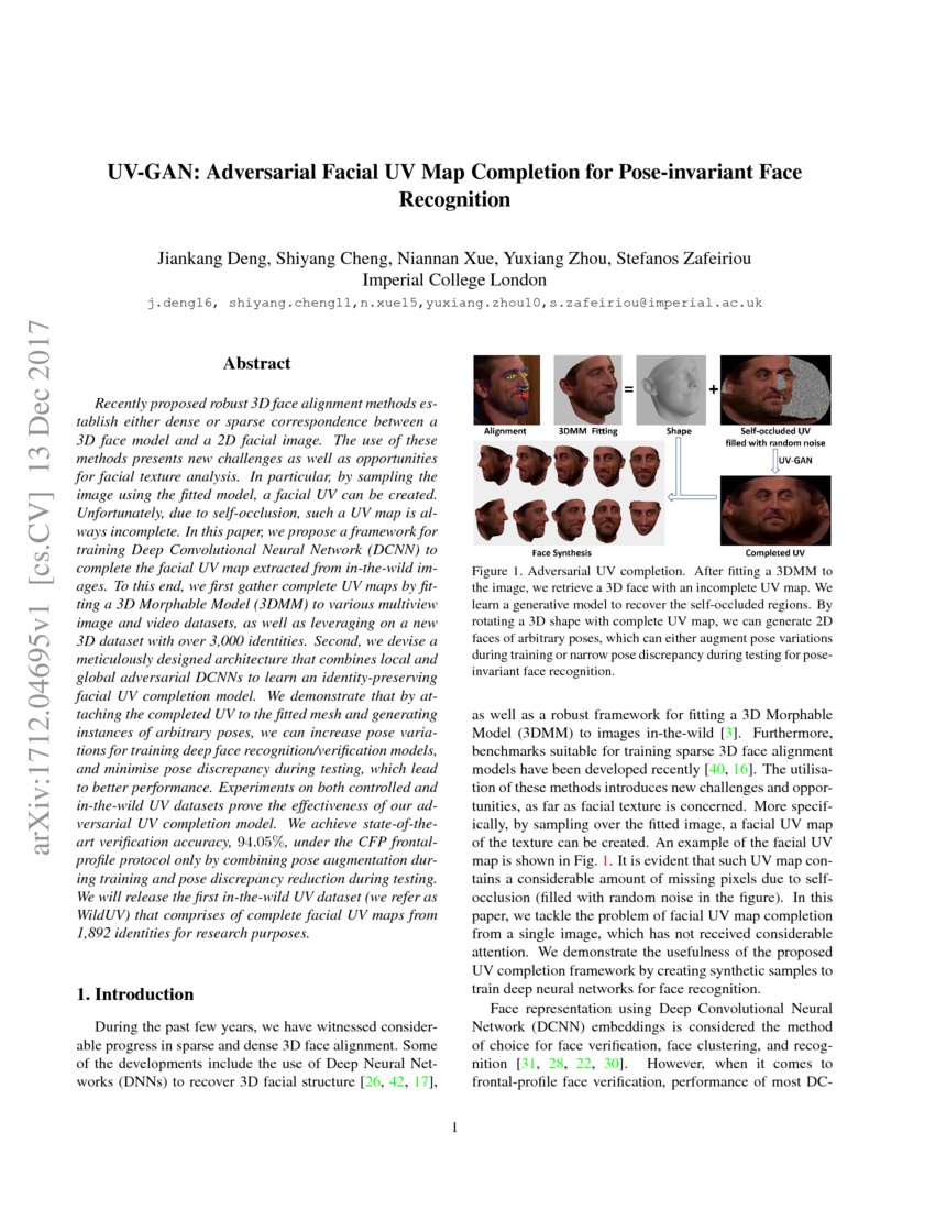 Uv Gan Adversarial Facial Uv Map Completion For Pose Invariant Face Recognition Deepai