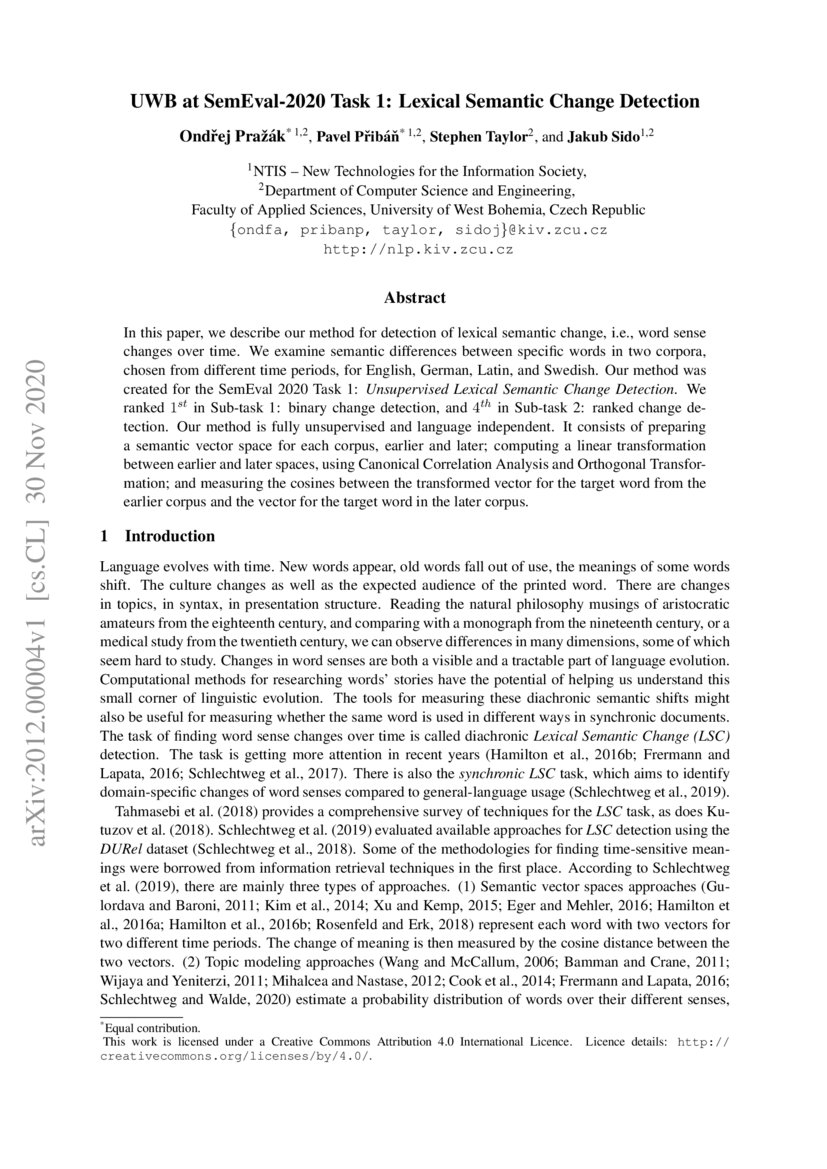 UWB at SemEval-2020 Task 1: Lexical Semantic Change Detection | DeepAI