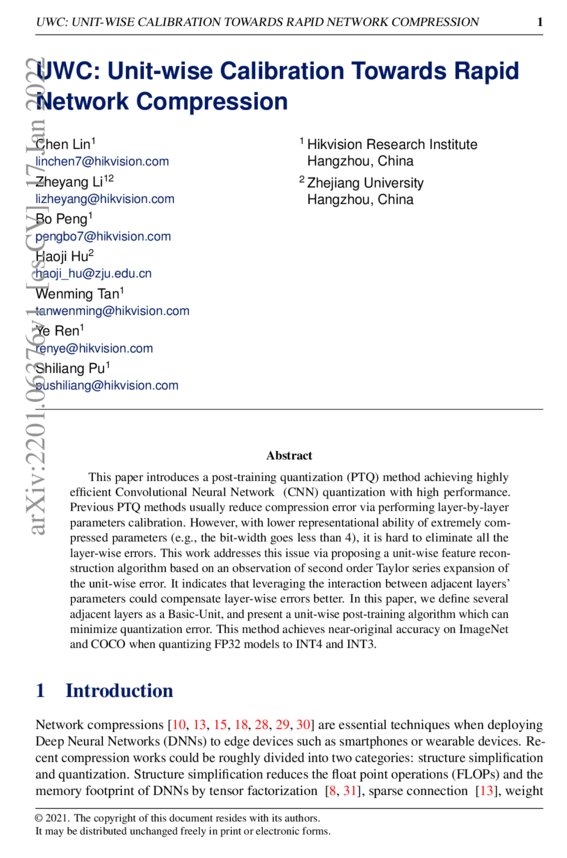 UWC: Unit-wise Calibration Towards Rapid Network Compression | DeepAI