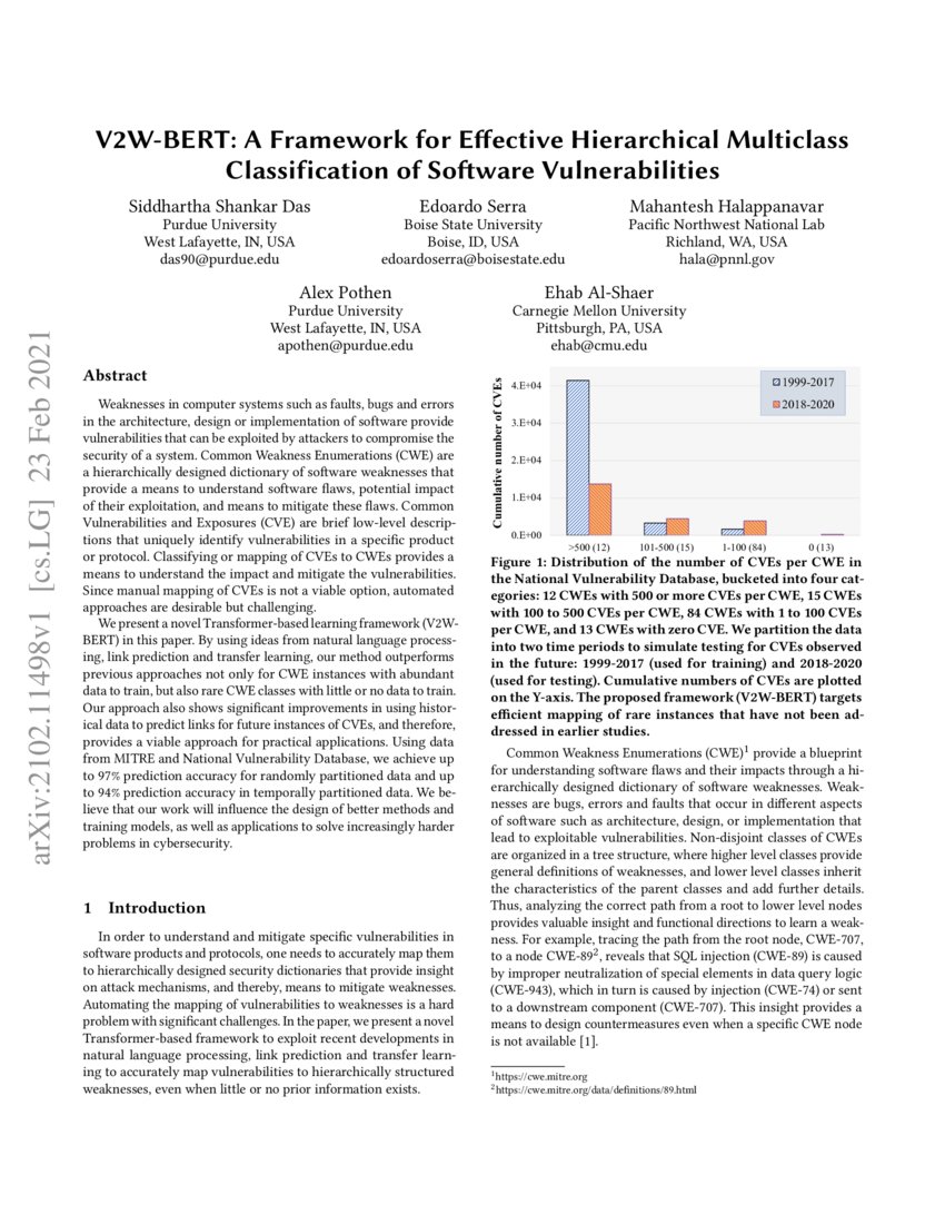 V2W-BERT: A Framework for Effective Hierarchical Multiclass Classification of Software ...