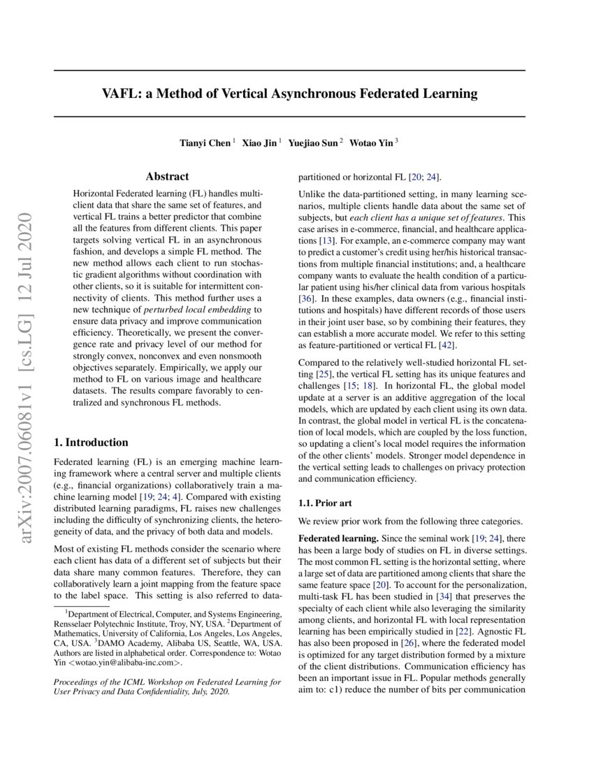 VAFL: a Method of Vertical Asynchronous Federated Learning | DeepAI VAFL: a Method of Vertical Asynchronous Federated Learning | DeepAI