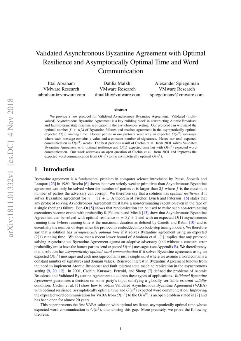 Validated Asynchronous Byzantine Agreement with Optimal Resilience and Asymptotically Optimal ...