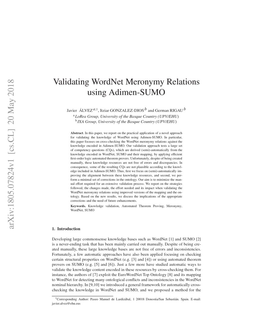 Validating WordNet Meronymy Relations using Adimen-SUMO | DeepAI
