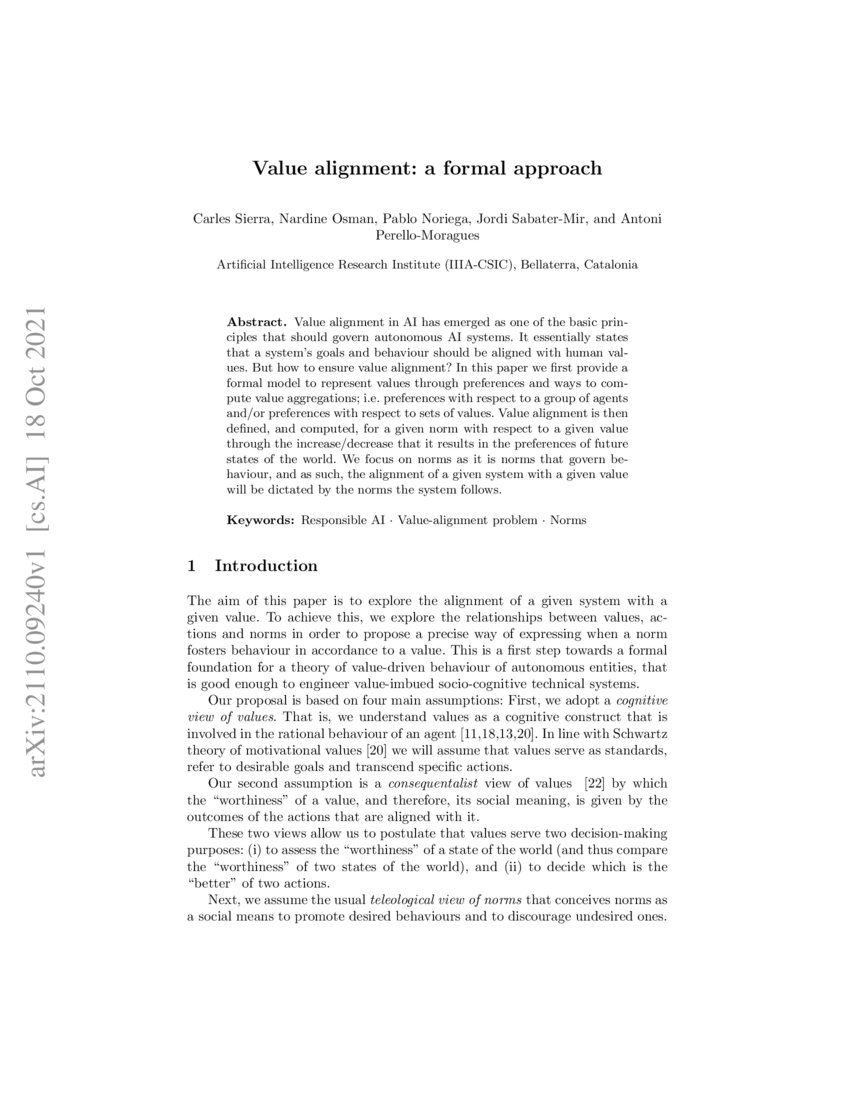 Value alignment: a formal approach | DeepAI
