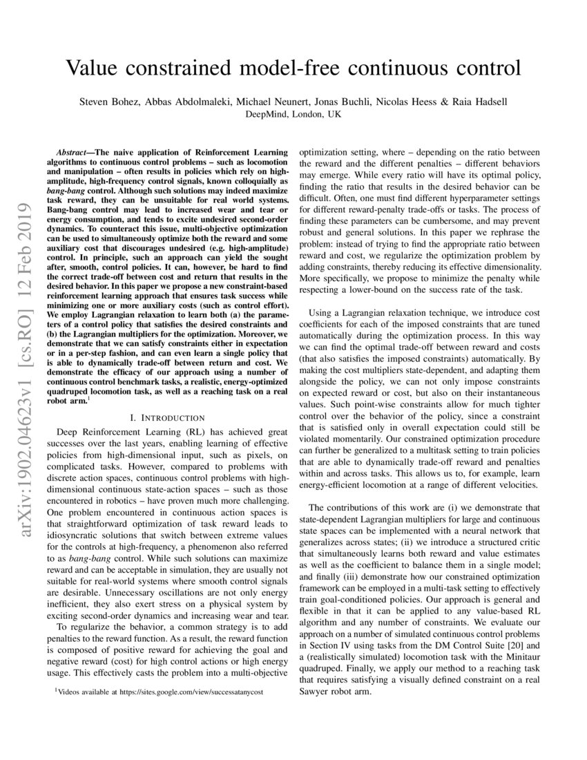 Value constrained model-free continuous control | DeepAI Value constrained model-free continuous control | DeepAI