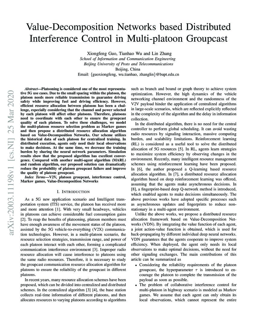 Value-Decomposition Networks based Distributed Interference Control in Multi-platoon Groupcast ...