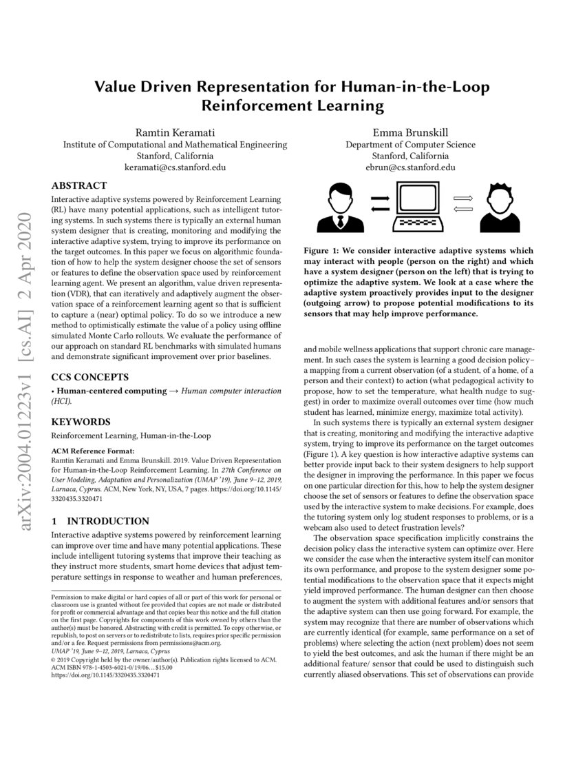 Value Driven Representation for Human-in-the-Loop Reinforcement Learning | DeepAI