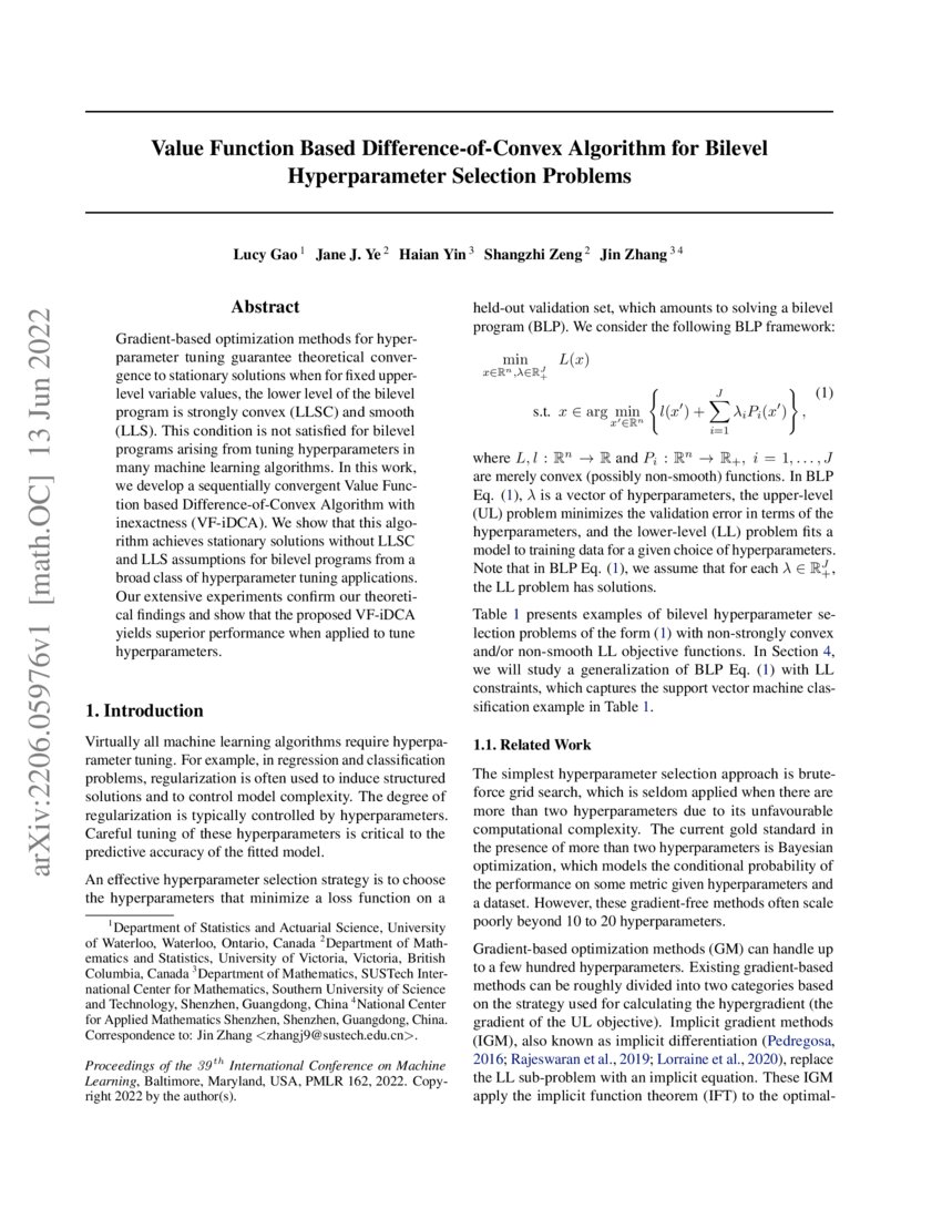 Value Function Based Difference Of Convex Algorithm For Bilevel Hyperparameter Selection
