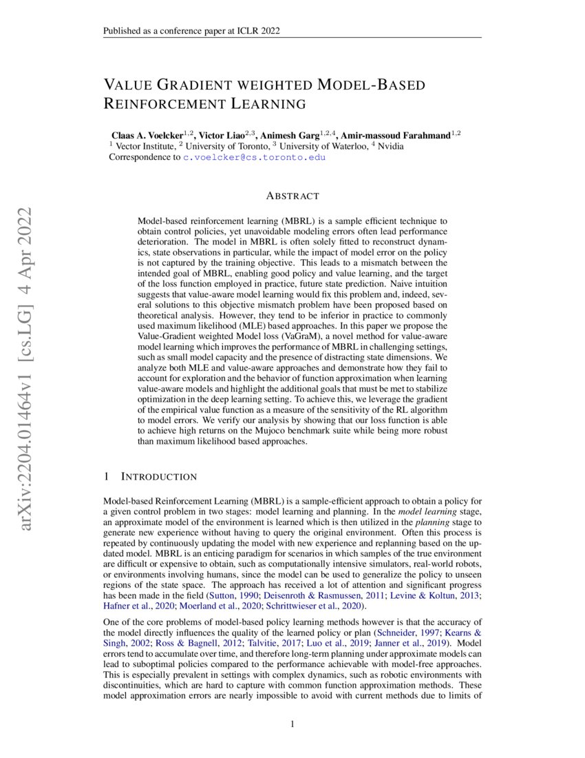Value Gradient Weighted Model Based Reinforcement Learning Deepai
