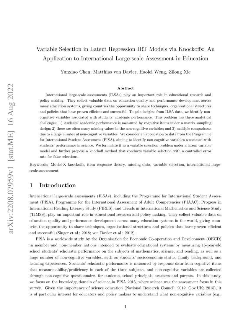 Variable Selection In Latent Regression Irt Models Via Knockoffs An Application To