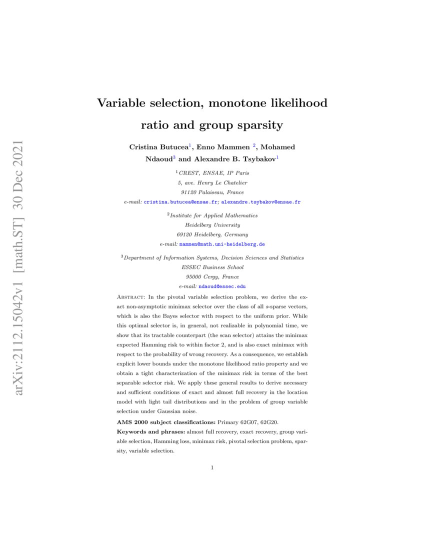 Variable selection, monotone likelihood ratio and group sparsity | DeepAI