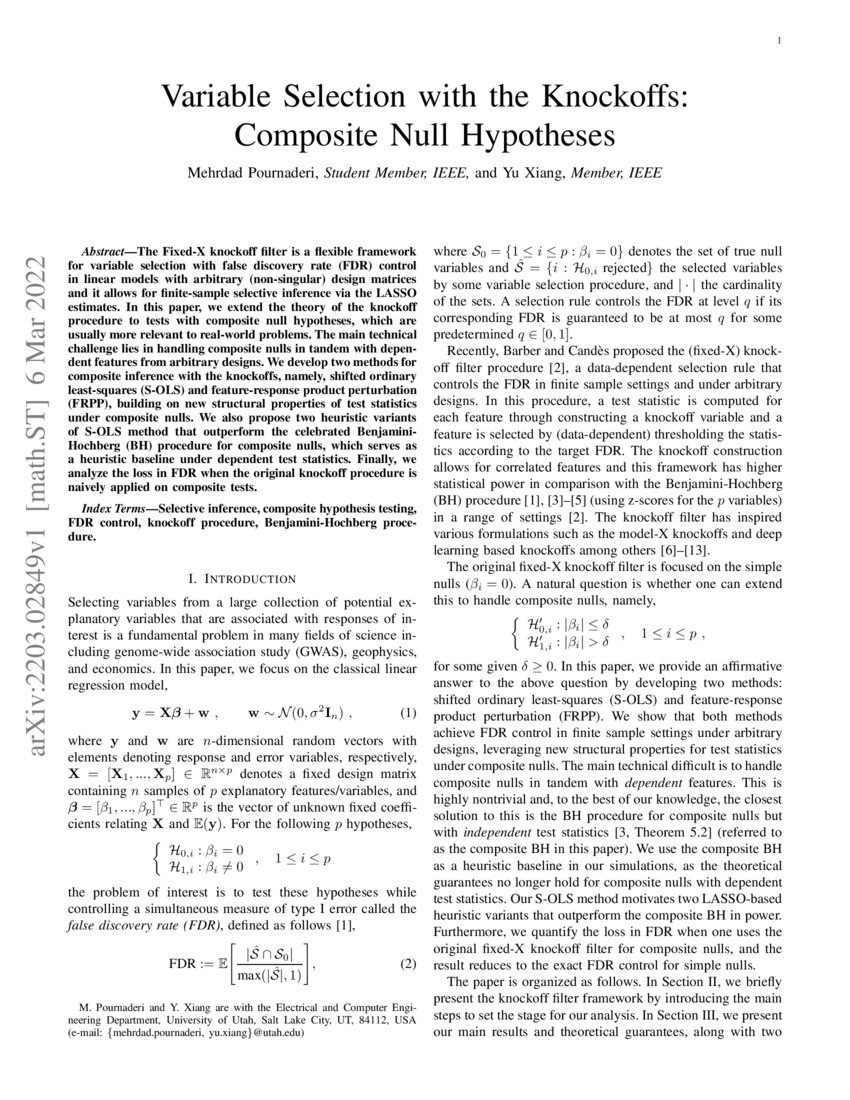 Variable Selection With The Knockoffs Composite Null Hypotheses Deepai