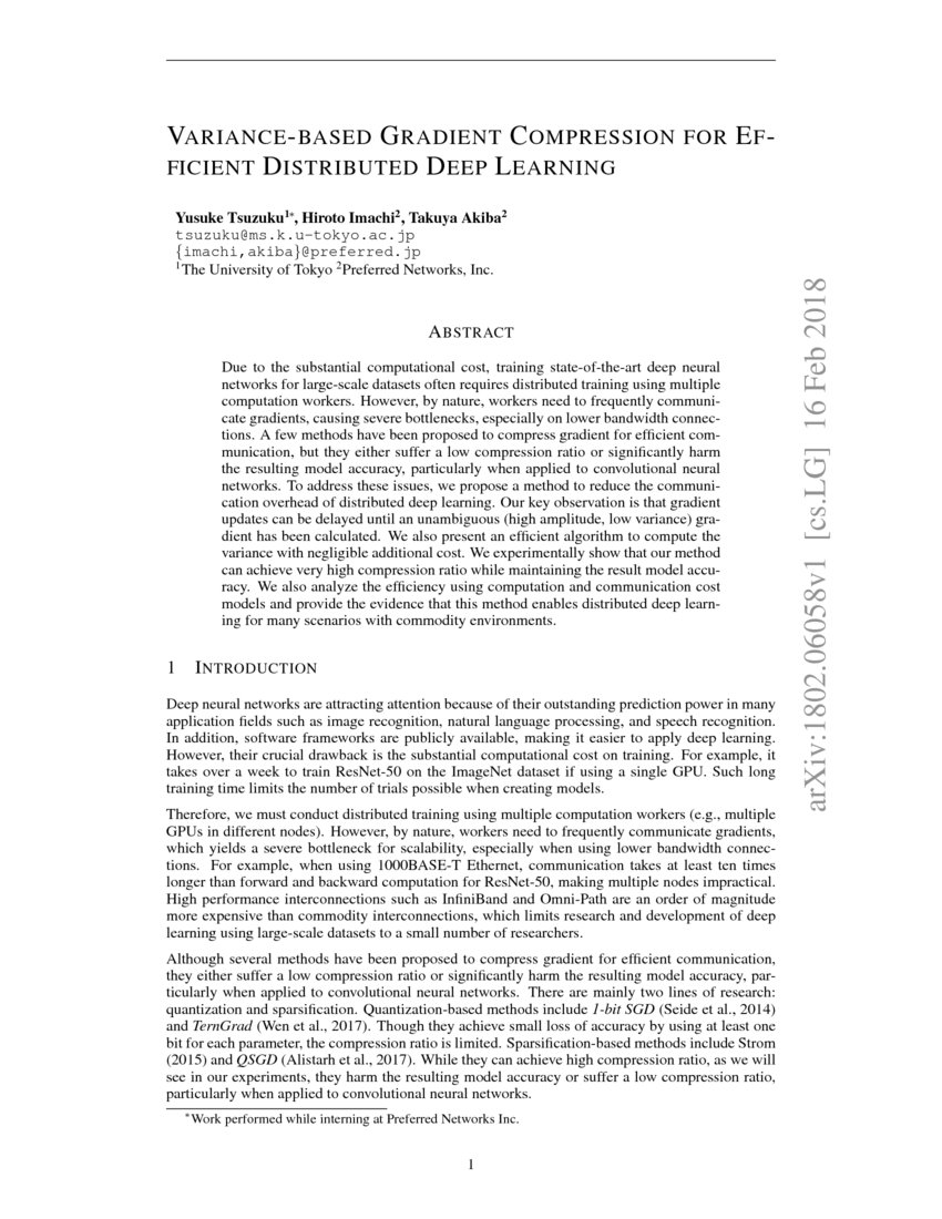 Variance Based Gradient Compression For Efficient Distributed Deep Learning Deepai 
