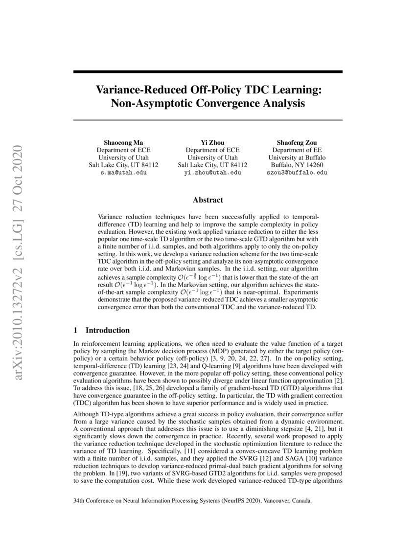Variance Reduced Off Policy Tdc Learning Non Asymptotic Convergence