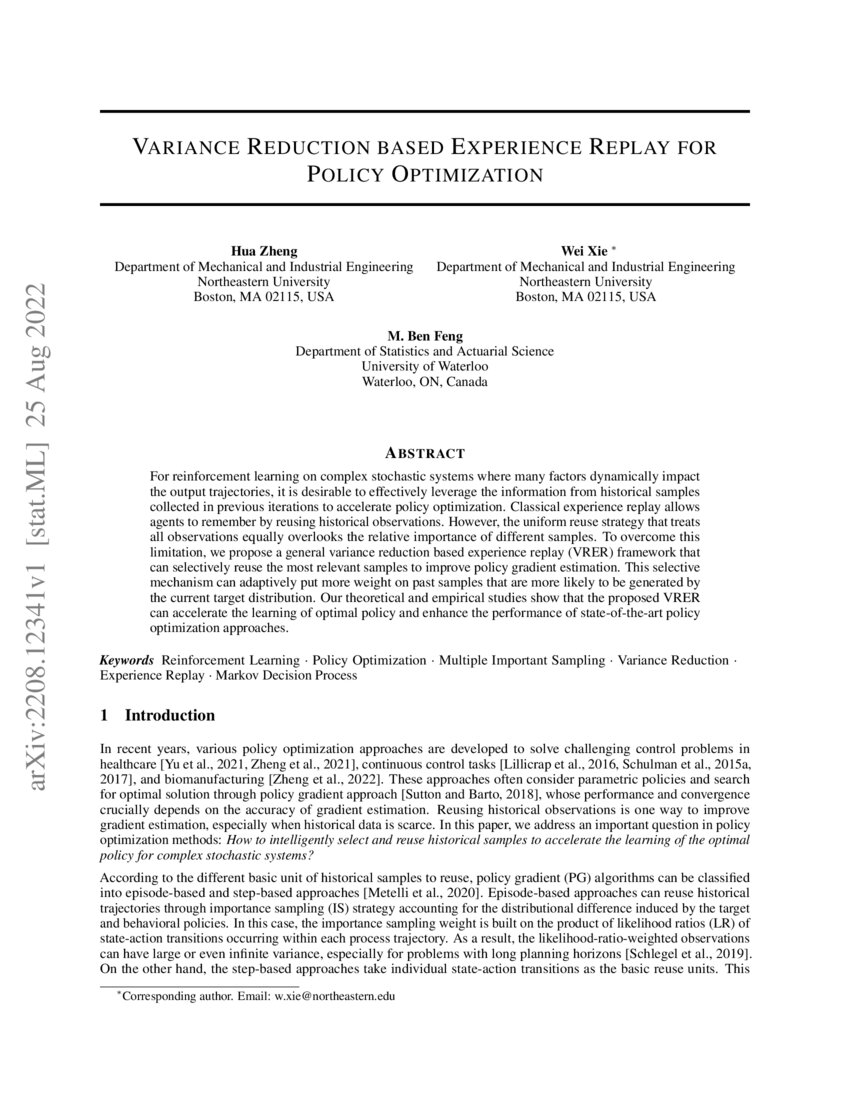 Variance Reduction Based Experience Replay For Policy Optimization Deepai