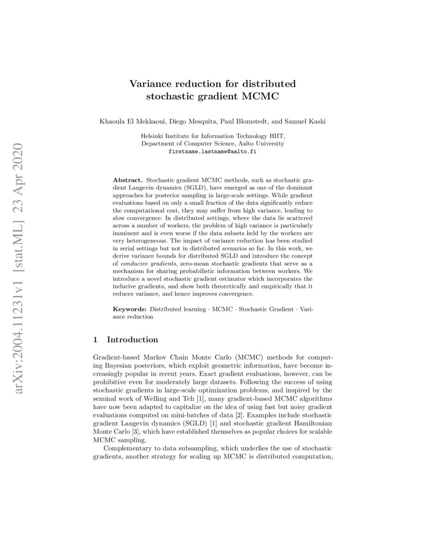 Variance reduction for distributed stochastic gradient MCMC | DeepAI