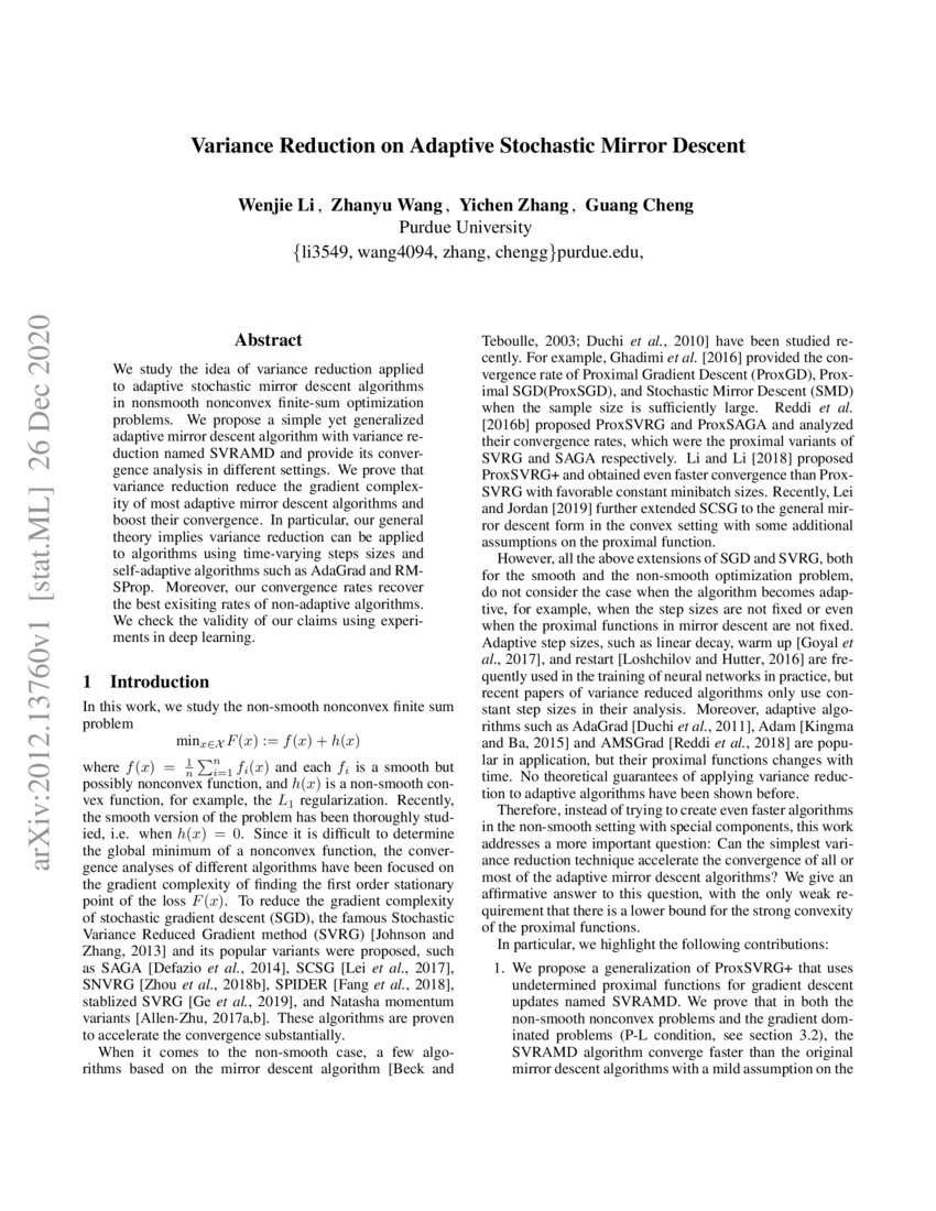 Variance Reduction On Adaptive Stochastic Mirror Descent Deepai