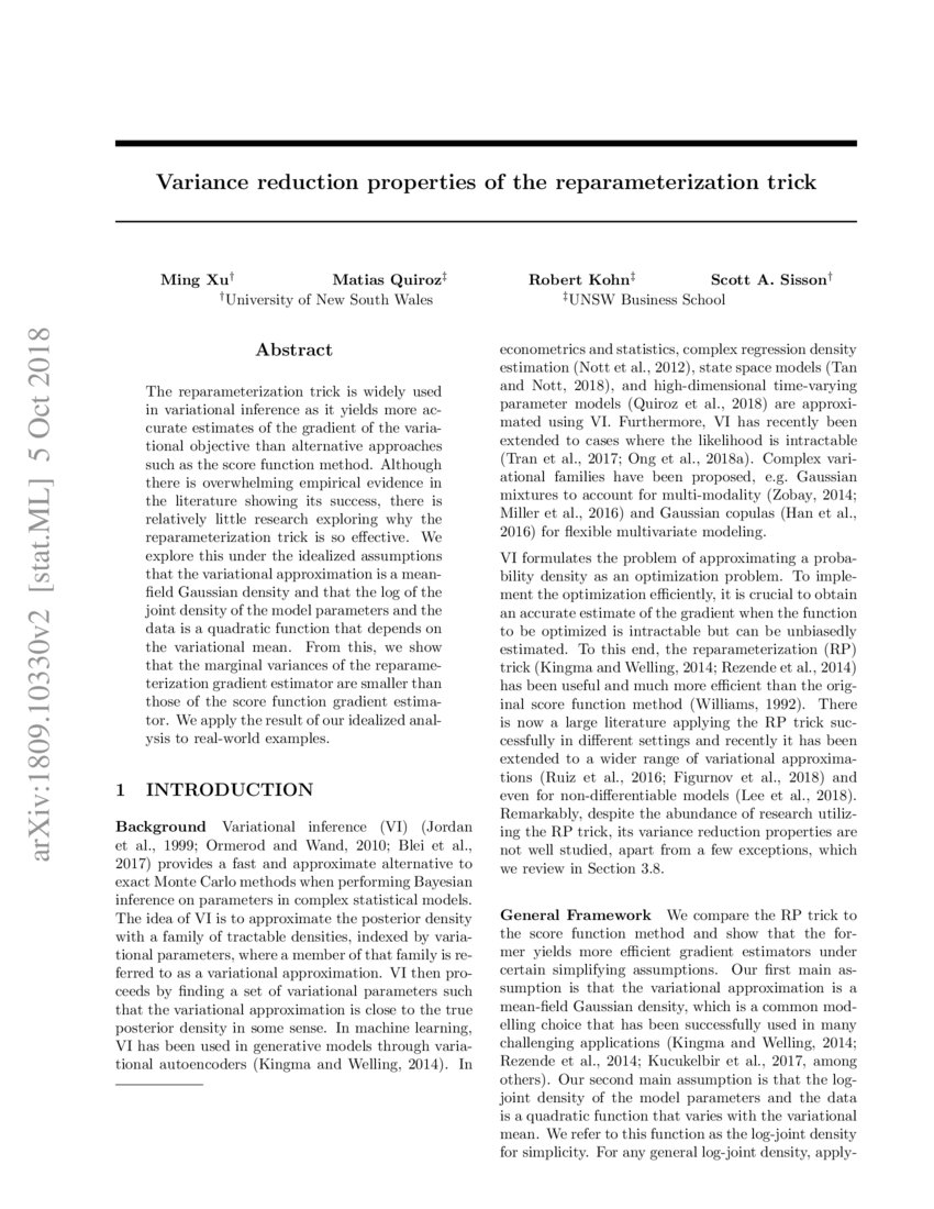 Variance Reduction Properties Of The Reparameterization Trick Deepai