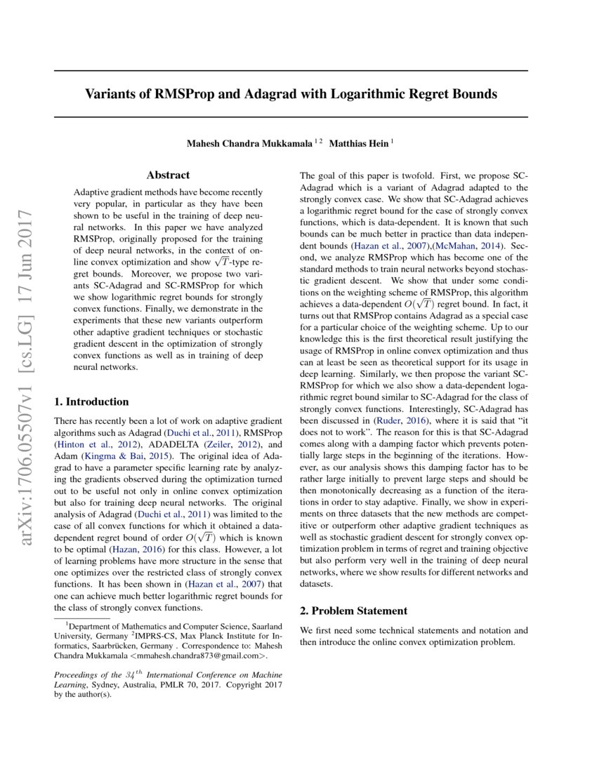 Variants of RMSProp and Adagrad with Logarithmic Regret Bounds | DeepAI