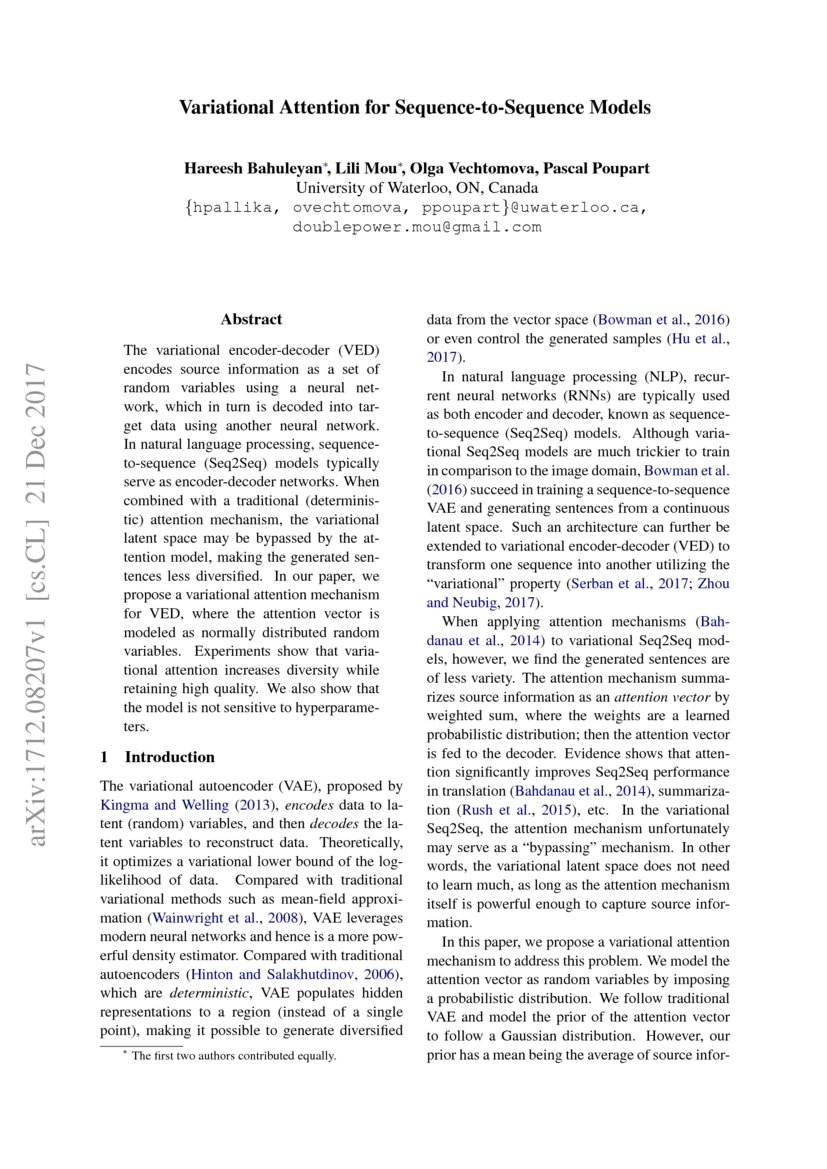Variational Attention for Sequence-to-Sequence Models | DeepAI