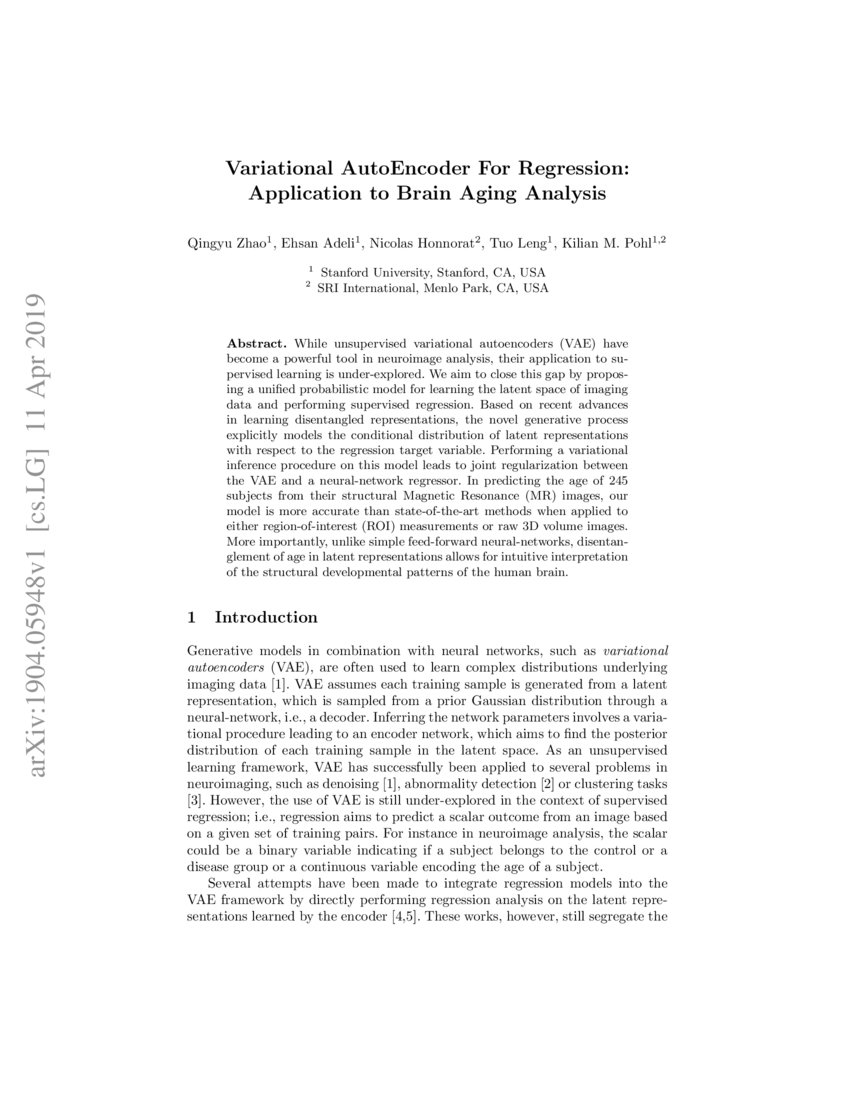 Variational Autoencoder For Regression Application To Brain Aging Analysis Deepai