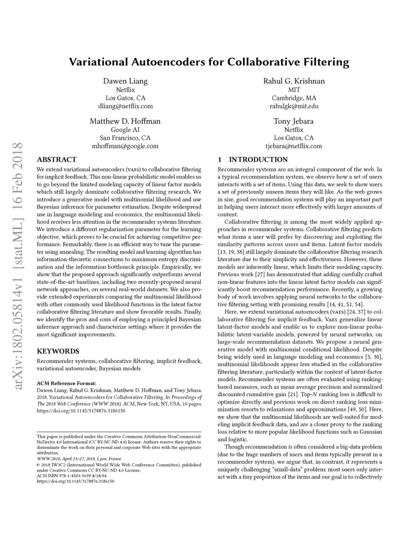 Variational Autoencoders For Collaborative Filtering Deepai