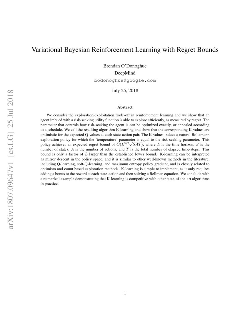 Variational Bayesian Reinforcement Learning with Regret Bounds | DeepAI