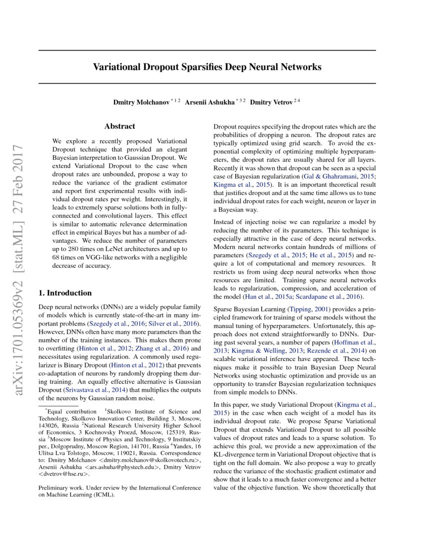 Variational Dropout Sparsifies Deep Neural Networks | DeepAI