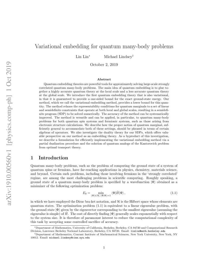 Variational embedding for quantum many-body problems | DeepAI