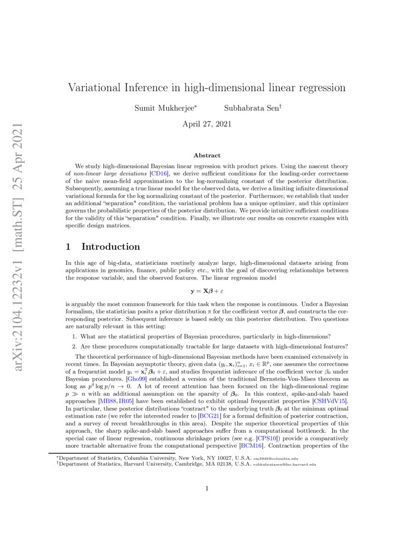 Variational Inference In High Dimensional Linear Regression Deepai