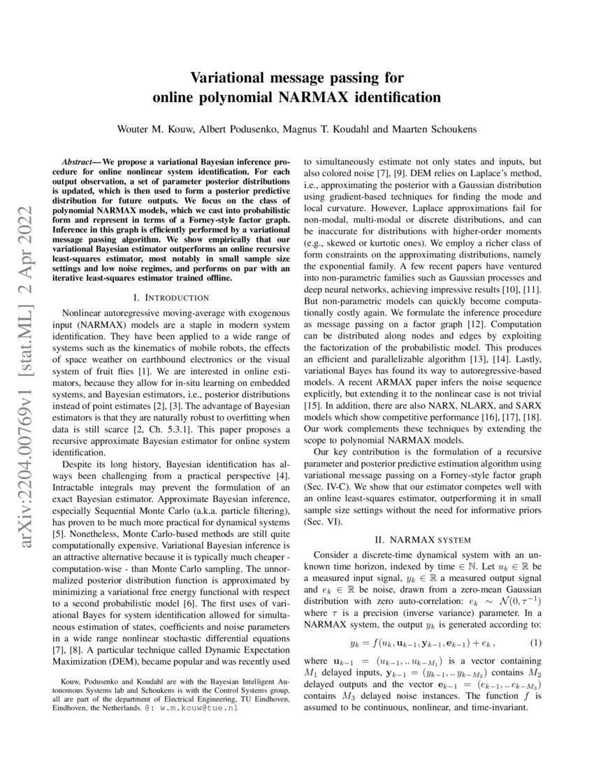 Variational message passing for online polynomial NARMAX identification | DeepAI