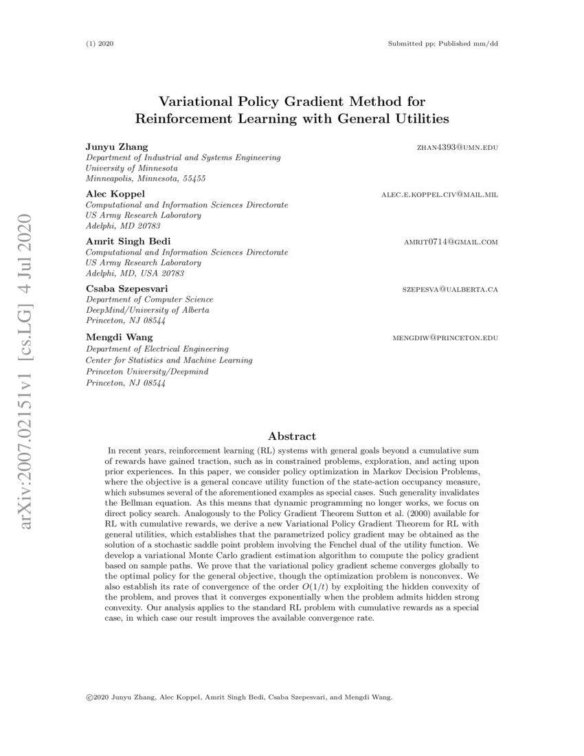 Variational Policy Gradient Method for Reinforcement Learning with General Utilities | DeepAI