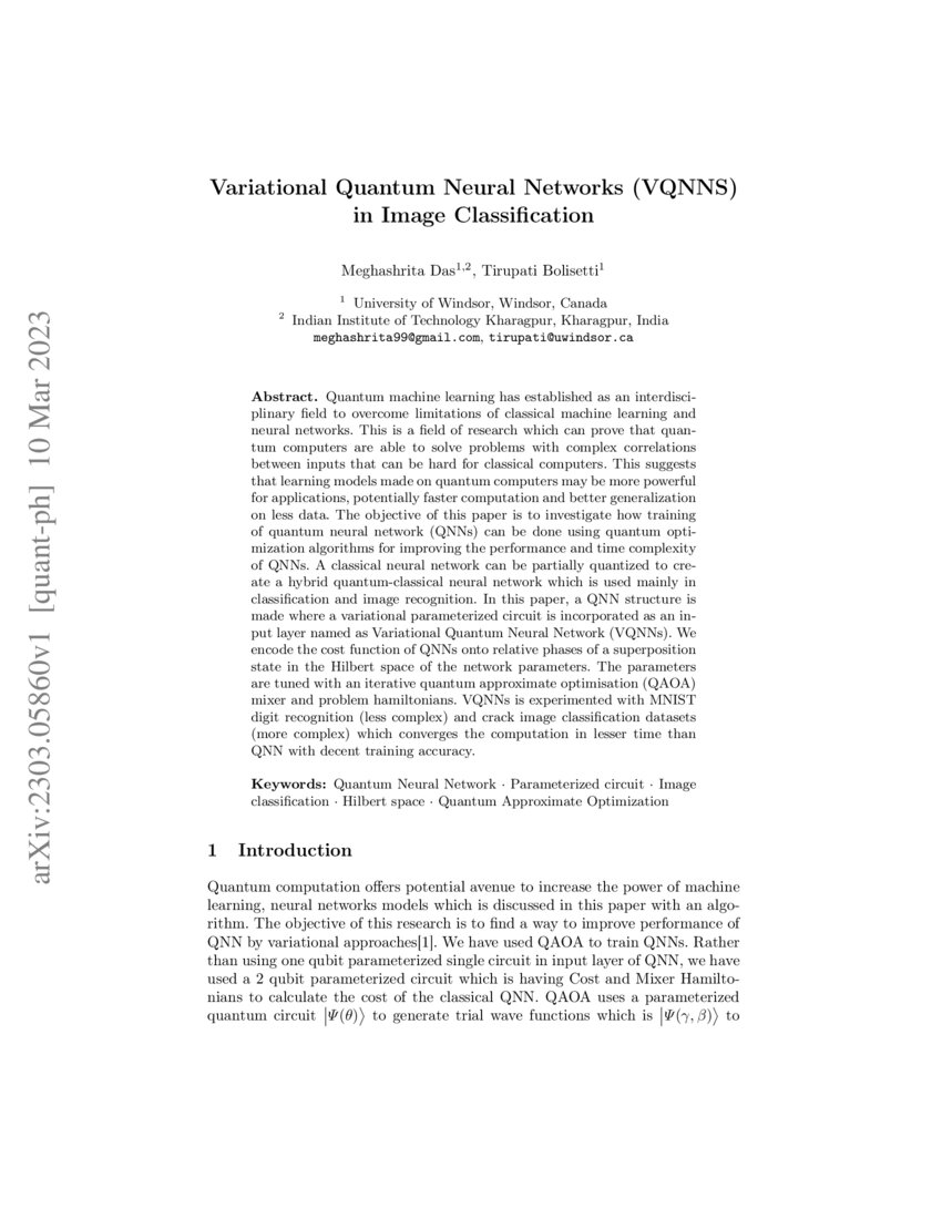 Variational Quantum Neural Networks (VQNNS) in Image Classification | DeepAI