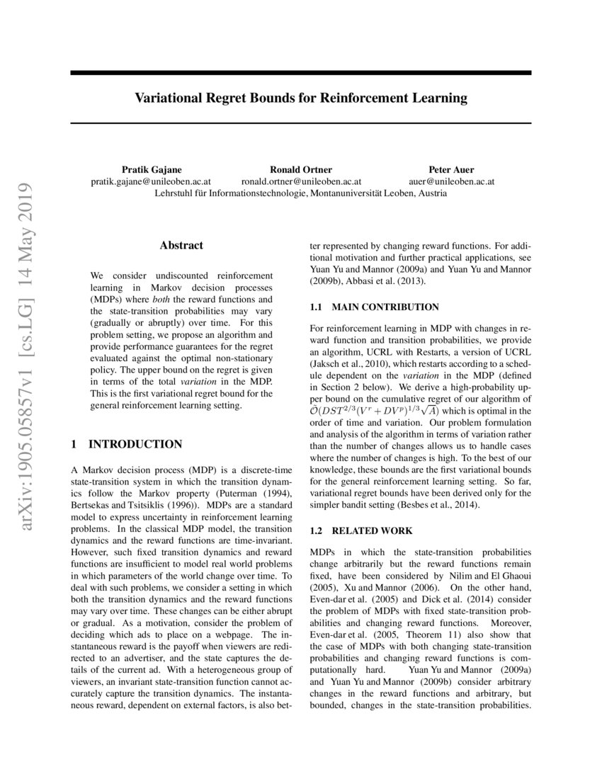 Variational Regret Bounds For Reinforcement Learning Deepai