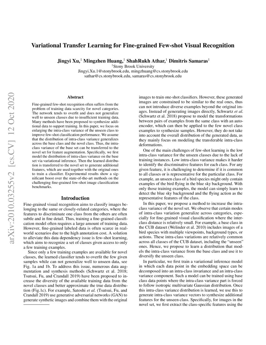 Variational Transfer Learning For Fine Grained Few Shot Visual Recognition Deepai