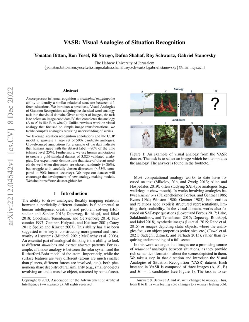 VASR: Visual Analogies of Situation Recognition | DeepAI